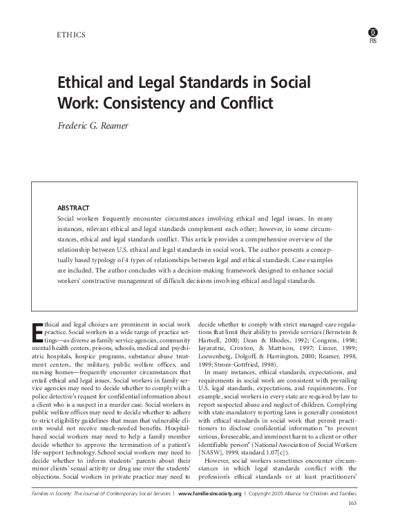 (PDF) Ethical and Legal Standards in Social Work: Consistency and Conflict