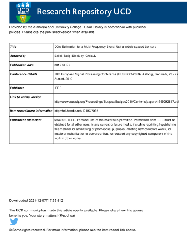 Pdf Doa Estimation For A Multi Frequency Signal Using Widely Spaced Sensors