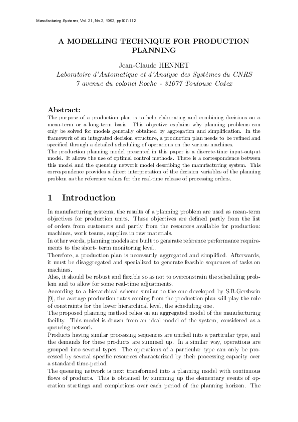 (PDF) A Modelling Technique for Production Planning