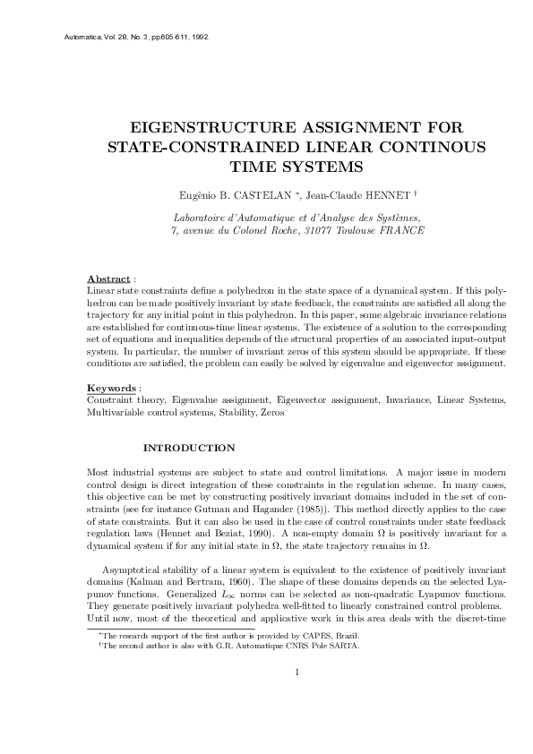 Eigenstructure Assignment For State Constrained Linear Continuous Time Systems