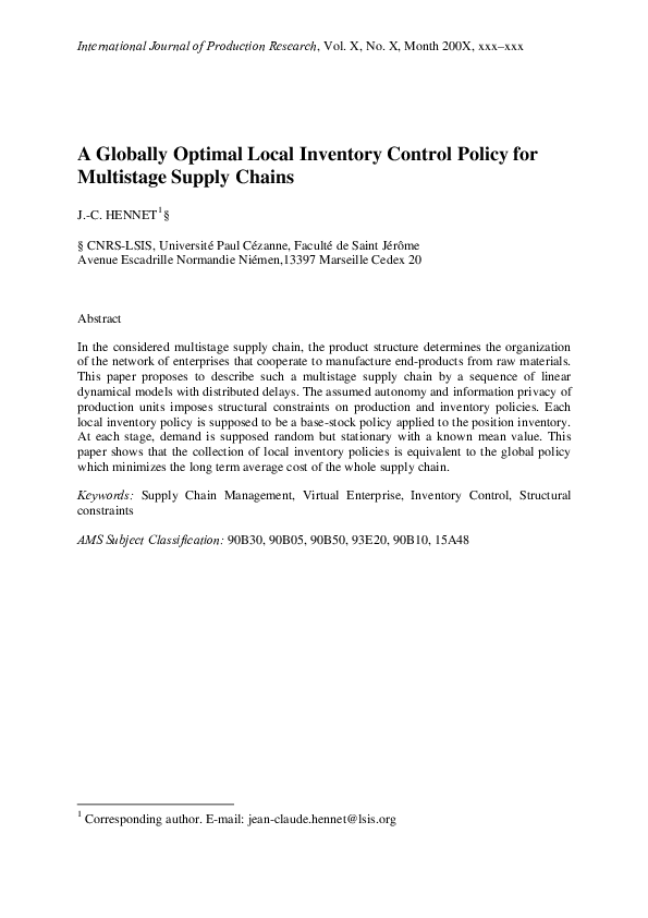 (PDF) A globally optimal local inventory control policy for multistage ...