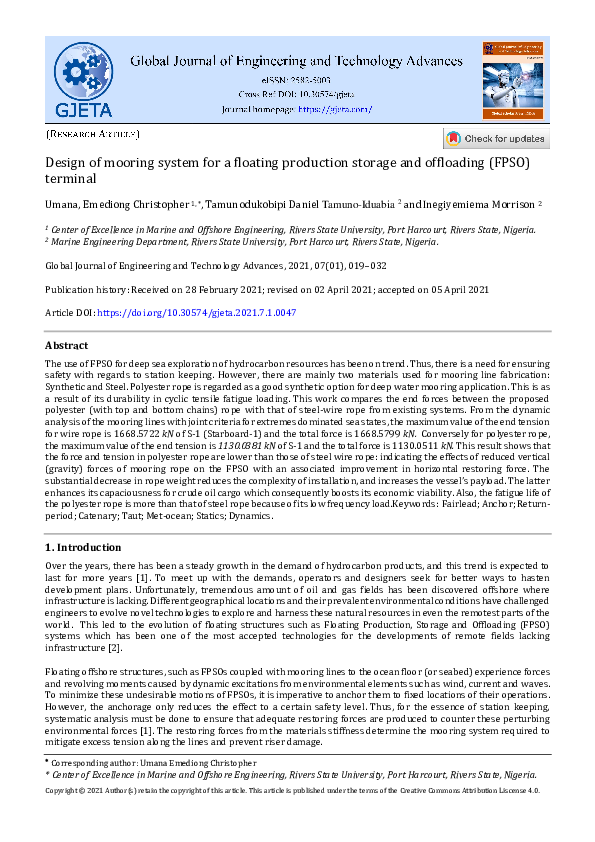 Pdf Design Of Mooring System For A Floating Production Storage And Offloading Fpso Terminal