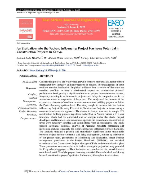 (PDF) An Evaluation into the Factors Influencing Project Harmony Potential in Construction ...