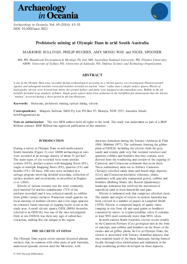 (PDF) Prehistoric mining at Olympic Dam in arid South Australia