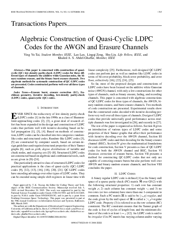 (PDF) Algebraic construction of quasi-cyclic LDPC codes for the AWGN and erasure channels