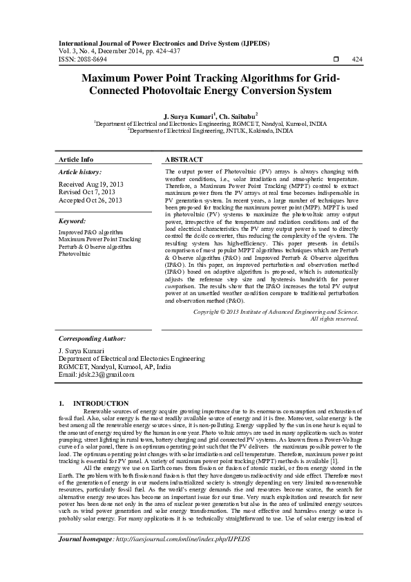 Pdf Maximum Power Point Tracking Algorithms For Grid Connected