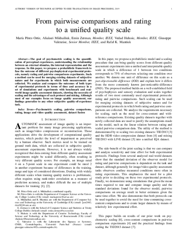 (PDF) From Pairwise Comparisons and Rating to a Unified Quality Scale