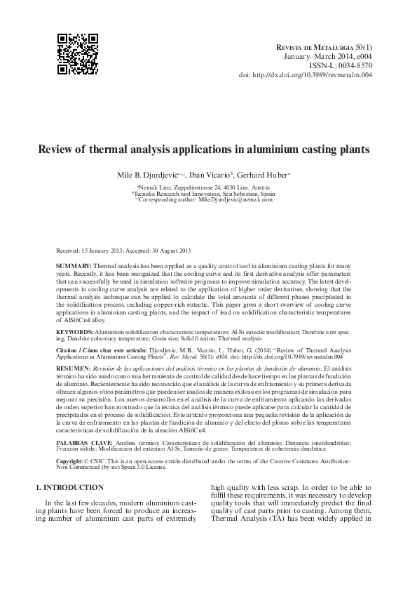 (PDF) Review of thermal analysis applications in aluminium casting plants