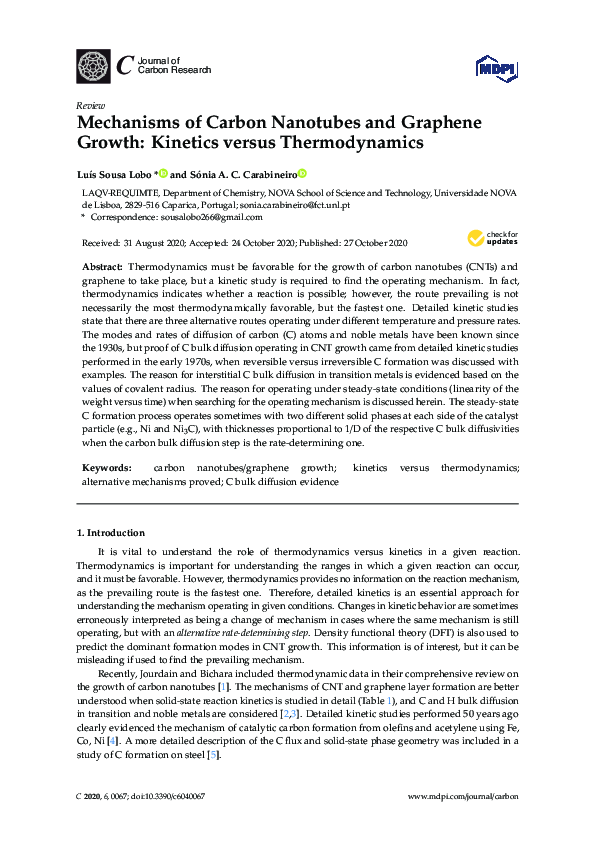 (PDF) Mechanisms of Carbon Nanotubes and Graphene Growth: Kinetics versus Thermodynamics