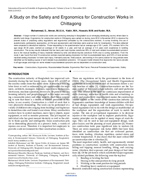 (PDF) A Study on the Safety and Ergonomics for Construction Works in ...