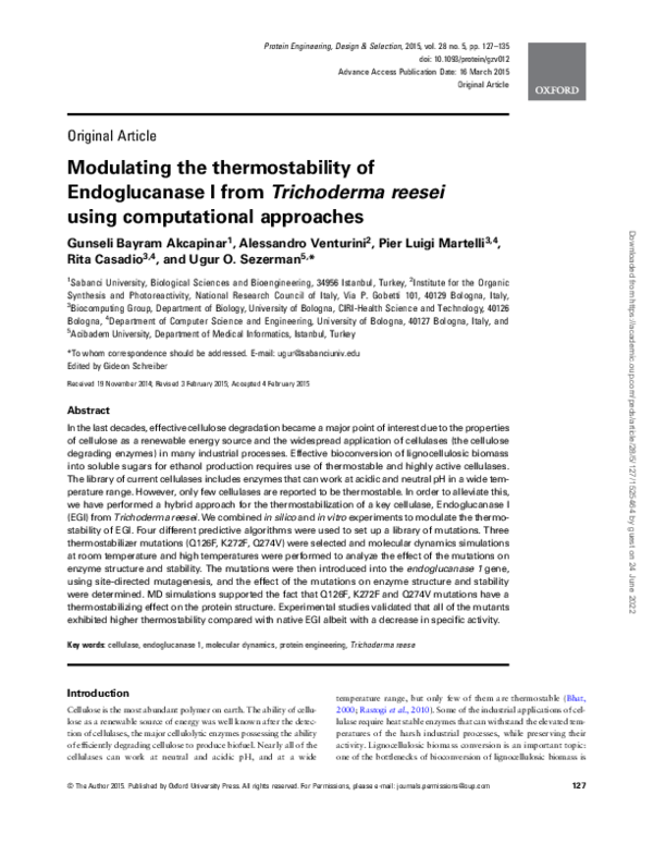 (PDF) Modulating the thermostability of Endoglucanase I from Trichoderma reesei using ...