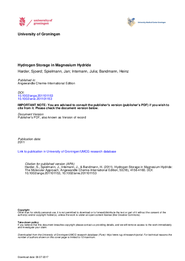 (PDF) Hydrogen Storage in Magnesium Hydride: The Molecular Approach