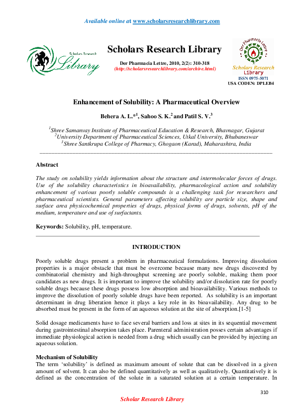(PDF) Enhancement of Solubility: A Pharmaceutical Overview