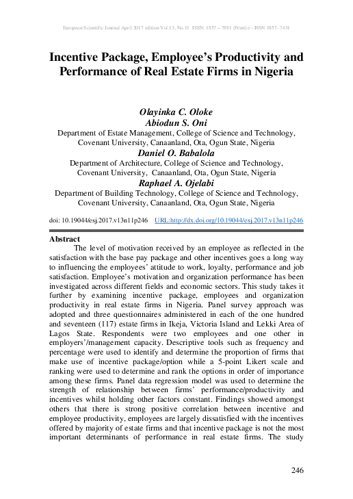 (PDF) Incentive Package, Employee’s Productivity and Performance of ...