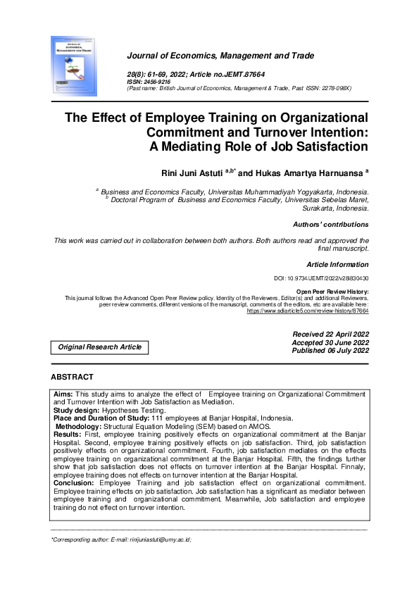 (PDF) The Effect of Employee Training on Organizational Commitment and Turnover Intention: A ...
