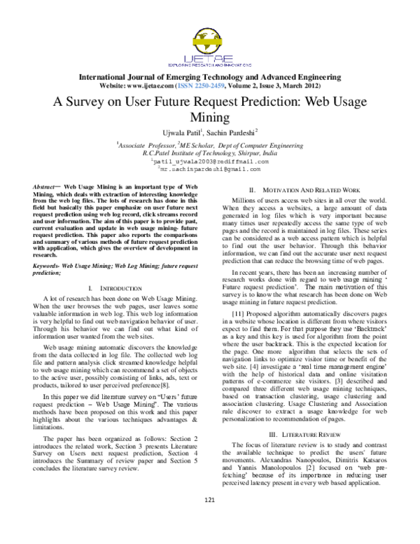 Pdf A Survey On User Future Request Prediction Web Usage Mining 