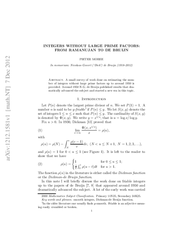 (PDF) Integers without large prime factors: from Ramanujan to de Bruijn