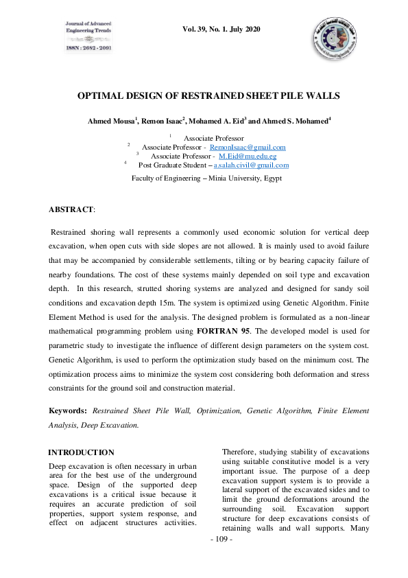 (PDF) Optimal Design of Restrained Sheet Pile Walls (PDF) Optimal Design of Restrained Sheet Pile Walls
