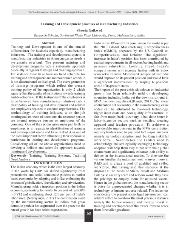 (PDF) Training and Development Practices of Manufacturing Industries