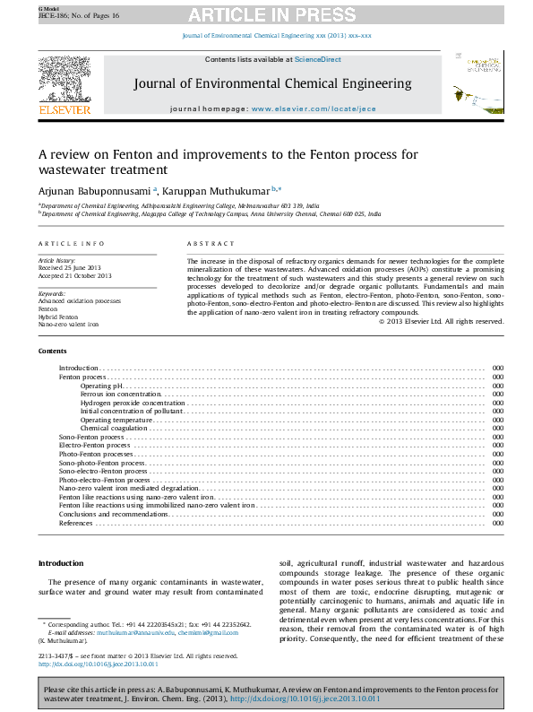 (PDF) A review on Fenton and improvements to the Fenton process for ...