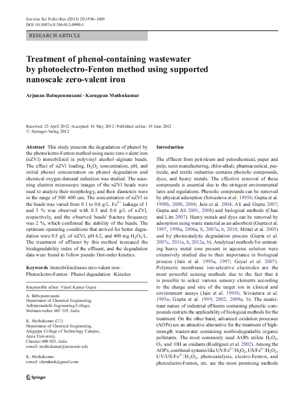 Treatment of phenol-containing wastewater by photoelectro-Fenton method ...