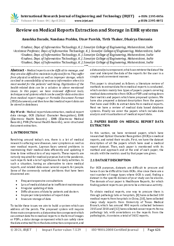 (PDF) Review on Medical Reports Extraction and Storage in EHR systems