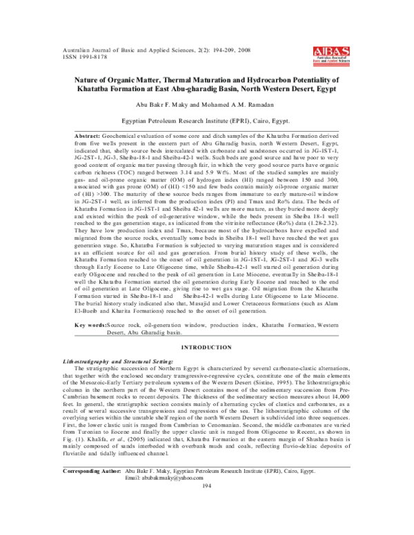 (PDF) Nature of Organic Matter, Thermal Maturation and Hydrocarbon ...