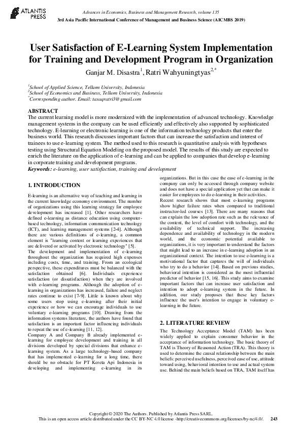 Pdf User Satisfaction Of E Learning System Implementation For Training And Development Program