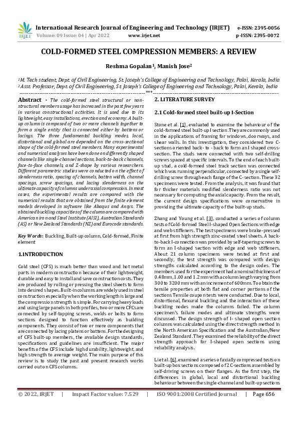 (PDF) COLD-FORMED STEEL COMPRESSION MEMBERS: A REVIEW