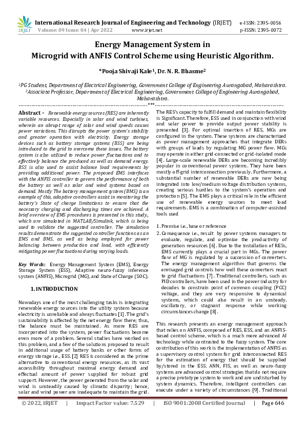 Pdf Energy Management System In Microgrid With Anfis Control Scheme Using Heuristic Algorithm