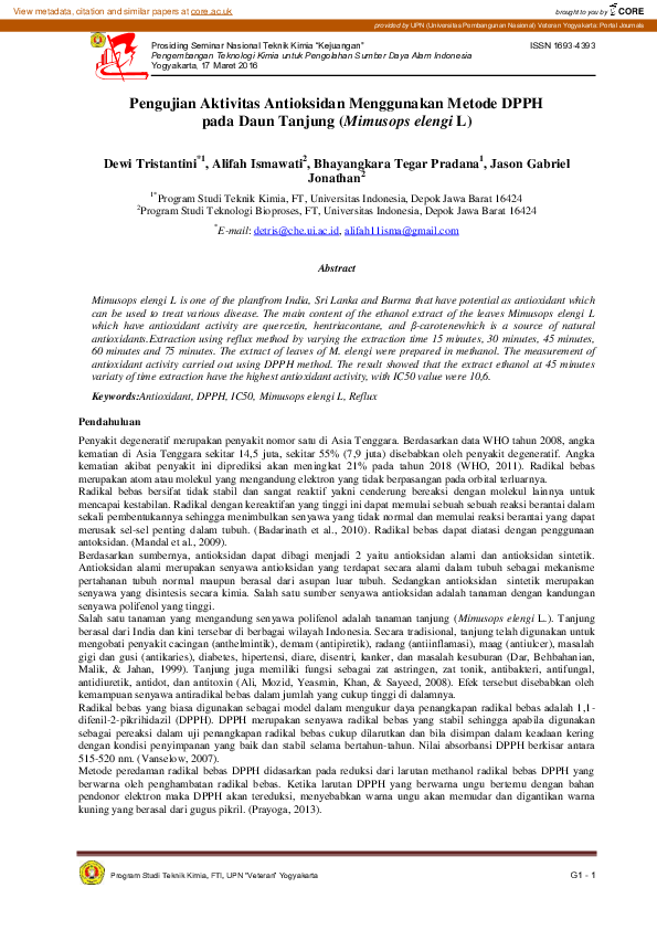(PDF) Pengujian Aktivitas Antioksidan Menggunakan Metode DPPH pada Daun Tanjung (Mimusops elengi L)
