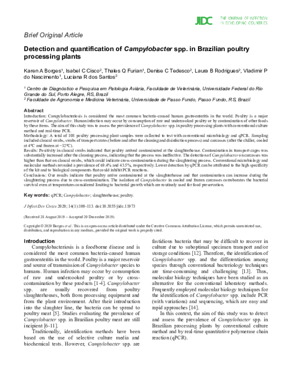 (PDF) Detection and quantification of Campylobacter spp. in Brazilian poultry processing plants
