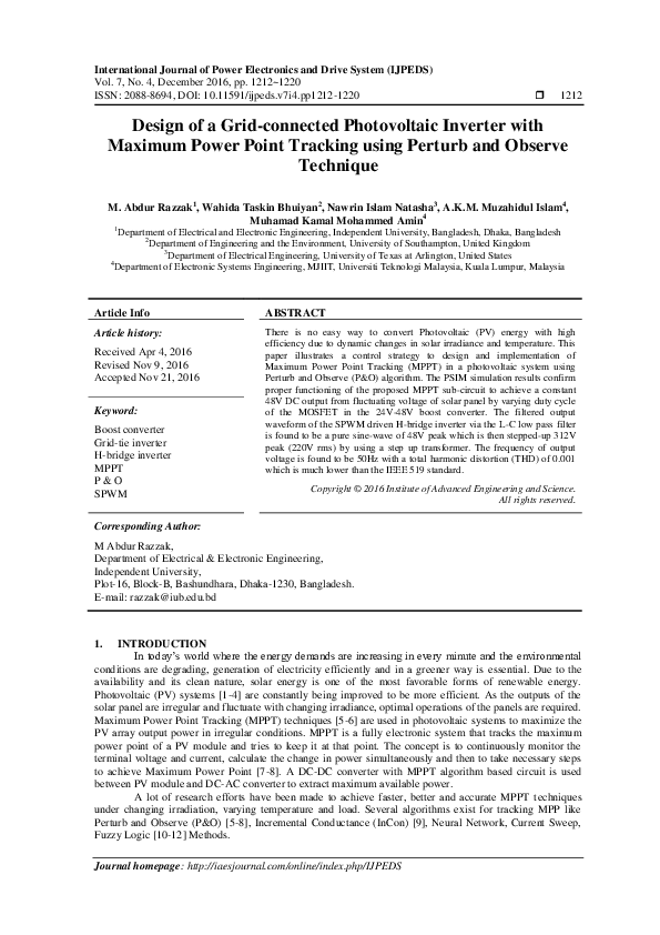 (PDF) Design of a Grid-Connected Photovoltaic Inverter with Maximum Power Point Tracking Using ...