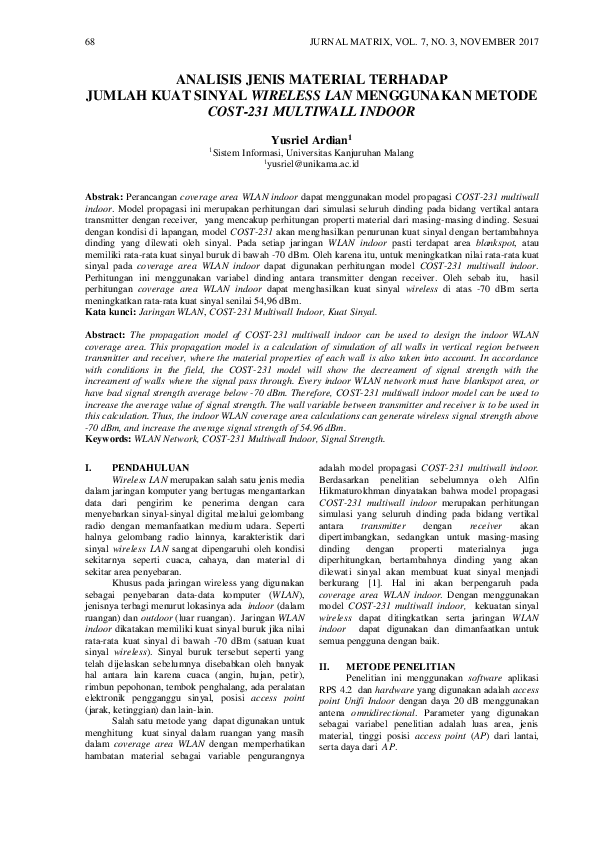 (PDF) Analisis Jenis Material Terhadap Jumlah Kuat Sinyal Wireless Lan Menggunakan Metode COST ...