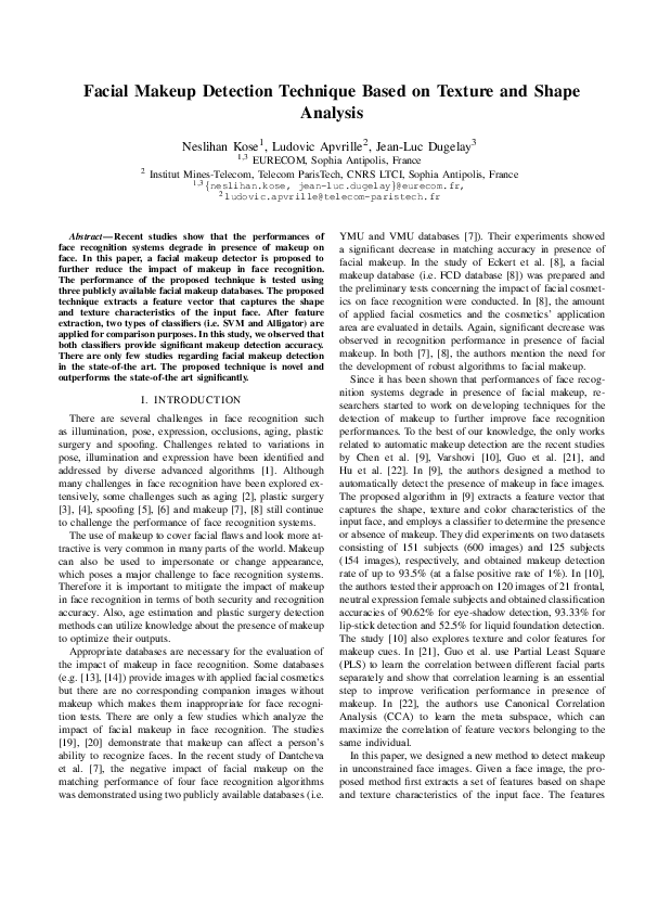Pdf Facial Makeup Detection Technique Based On Texture And Shape Analysis