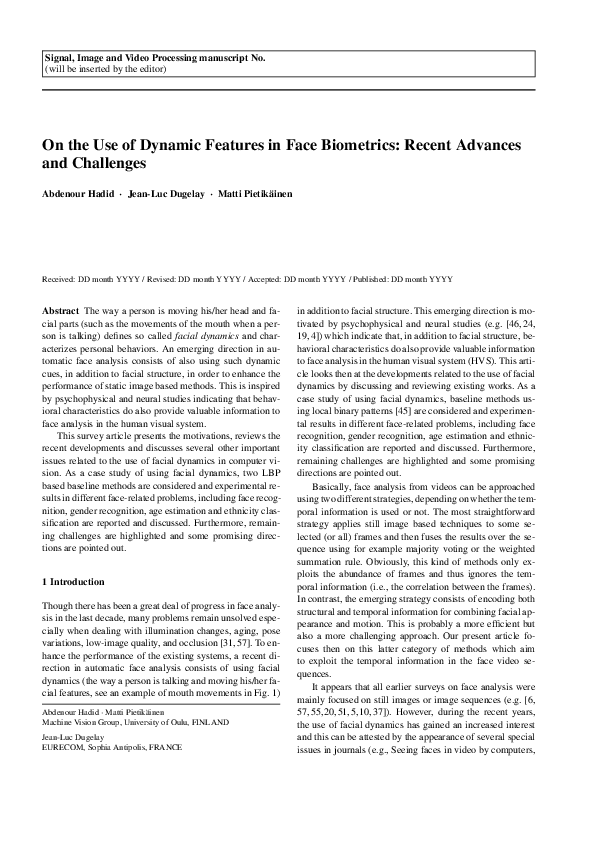 Pdf On The Use Of Dynamic Features In Face Biometrics Recent Advances And Challenges