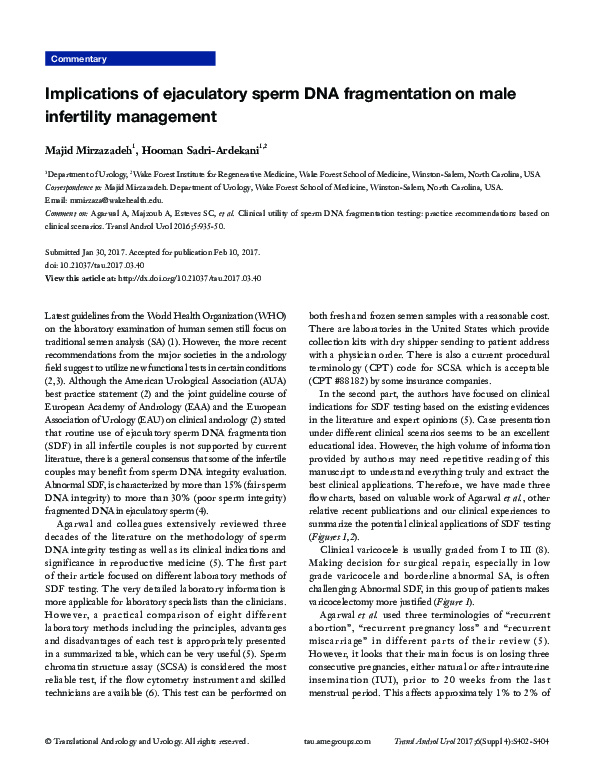 Pdf Implications Of Ejaculatory Sperm Dna Fragmentation On Male Infertility Management