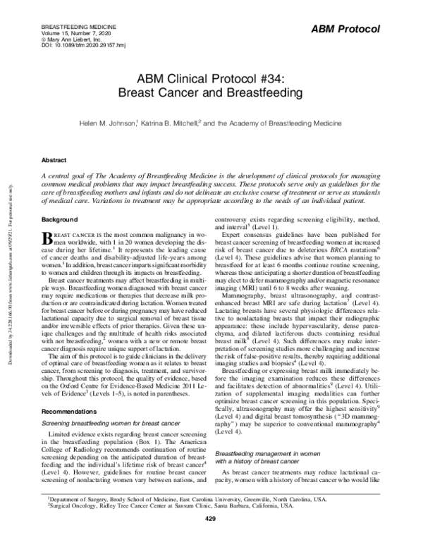 (PDF) ABM Clinical Protocol #34: Breast Cancer and Breastfeeding