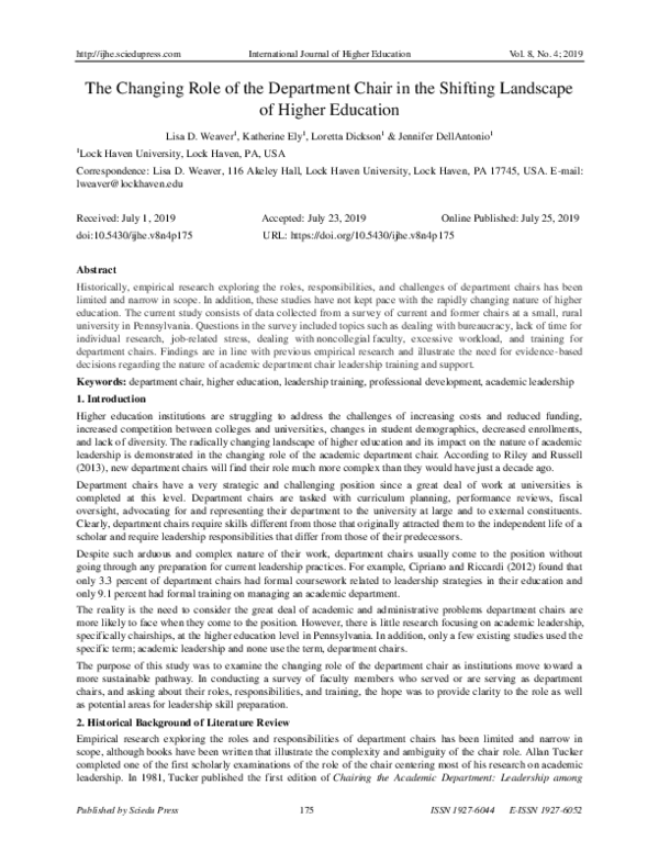 (PDF) The Changing Role of the Department Chair in the Shifting ...