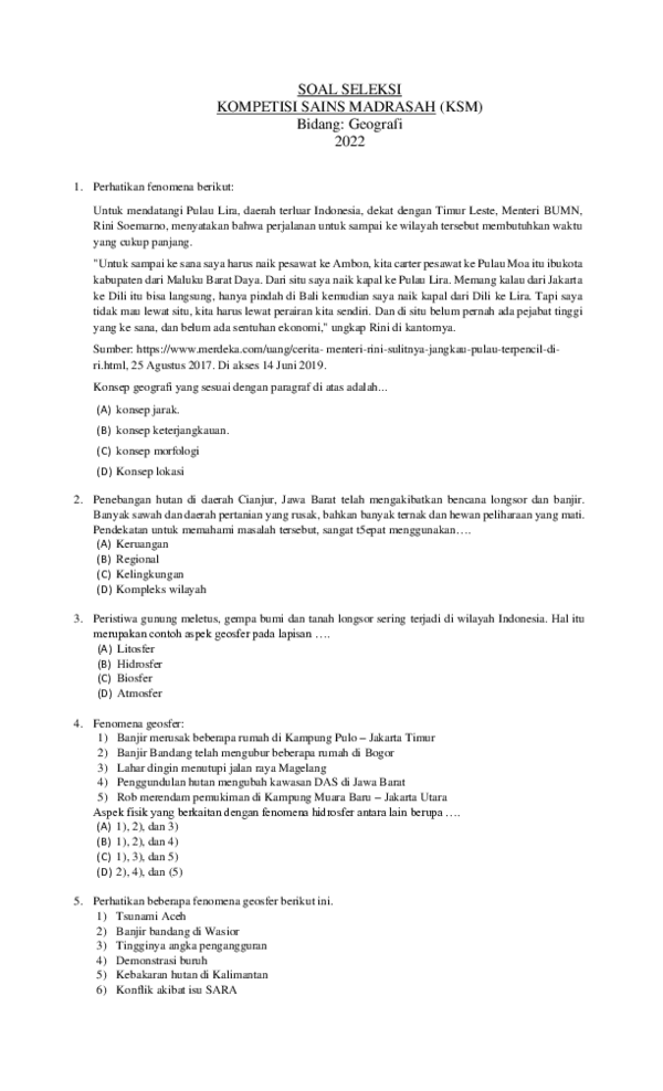 (PDF) SOAL SELEKSI KOMPETISI SAINS MADRASAH (KSM) Bidang: Geografi 2022