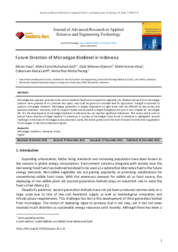 (PDF) Future Direction of Microalgae Biodiesel in Indonesia