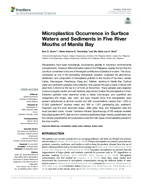 Pdf Microplastics Occurrence In Surface Waters And Sediments In Five