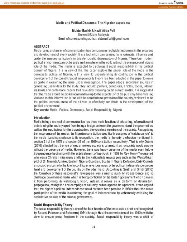 (PDF) Media and Political Discourse: The Nigerian experience