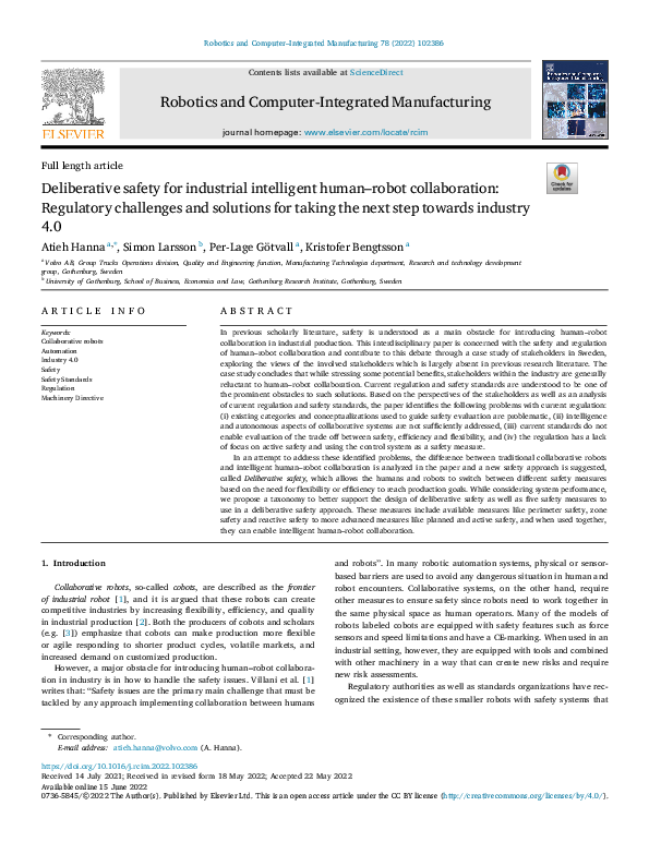 (PDF) Deliberative safety for industrial intelligent human–robot ...
