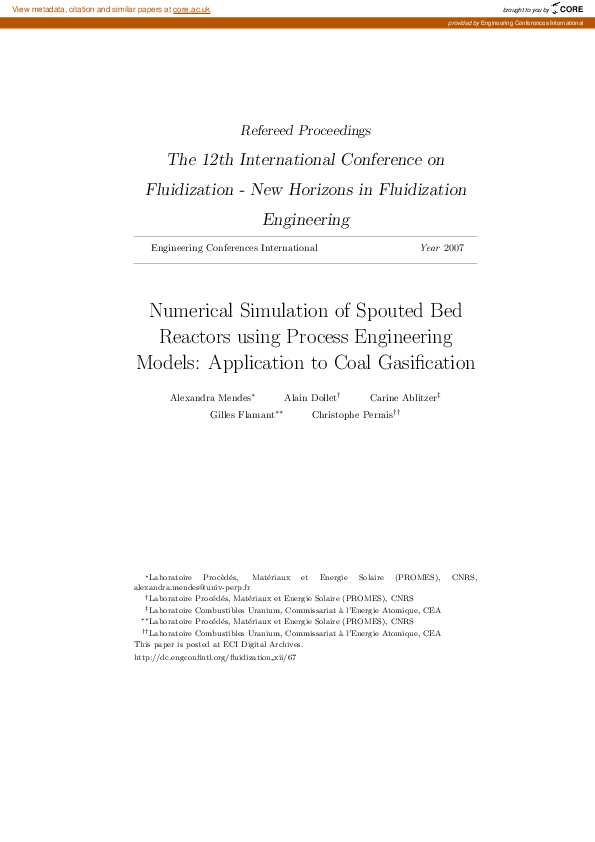 (PDF) Numerical Simulation of Spouted Bed Reactors using Process Engineering Models: Application ...