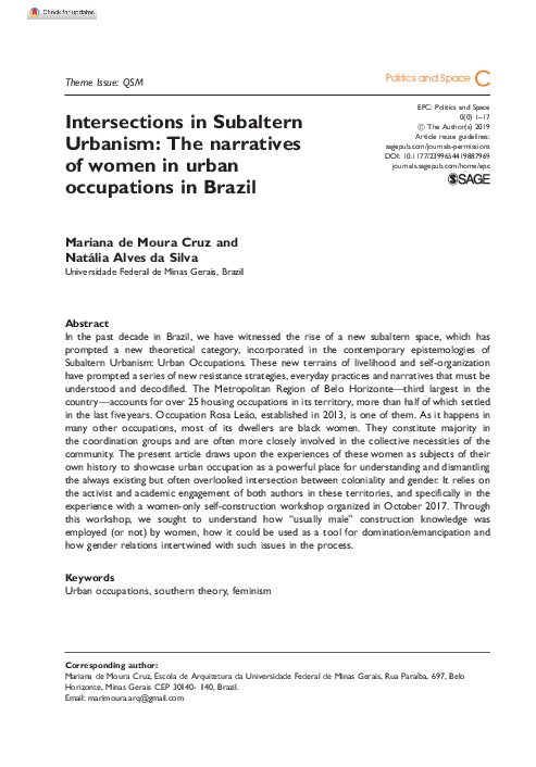 (PDF) Intersections in Subaltern Urbanism: The narratives of women in urban occupations in Brazil