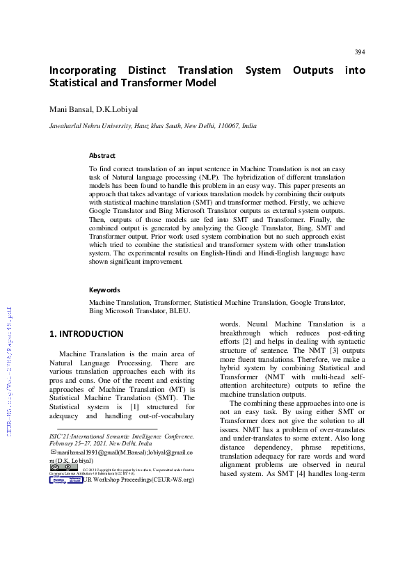 (PDF) Incorporating Distinct Translation System Outputs into Statistical and Transformer Model ...