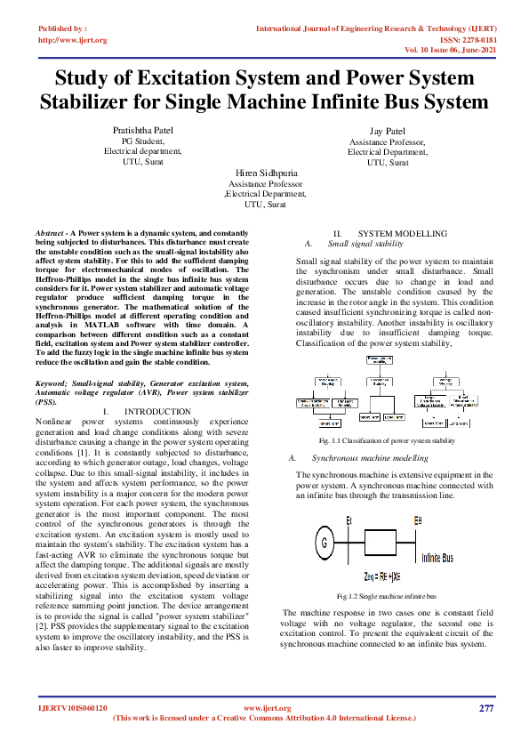 (PDF) Study of Excitation System and Power System Stabilizer for Single Machine Infinite Bus ...