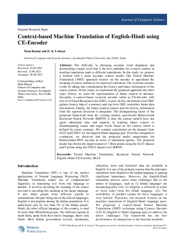 Pdf Context Based Machine Translation Of English Hindi Using Ce Encoder
