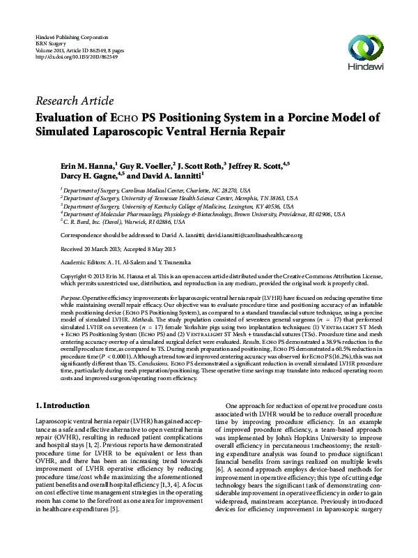 (PDF) Evaluation of ECHO PS Positioning System in a Porcine Model of Simulated Laparoscopic ...